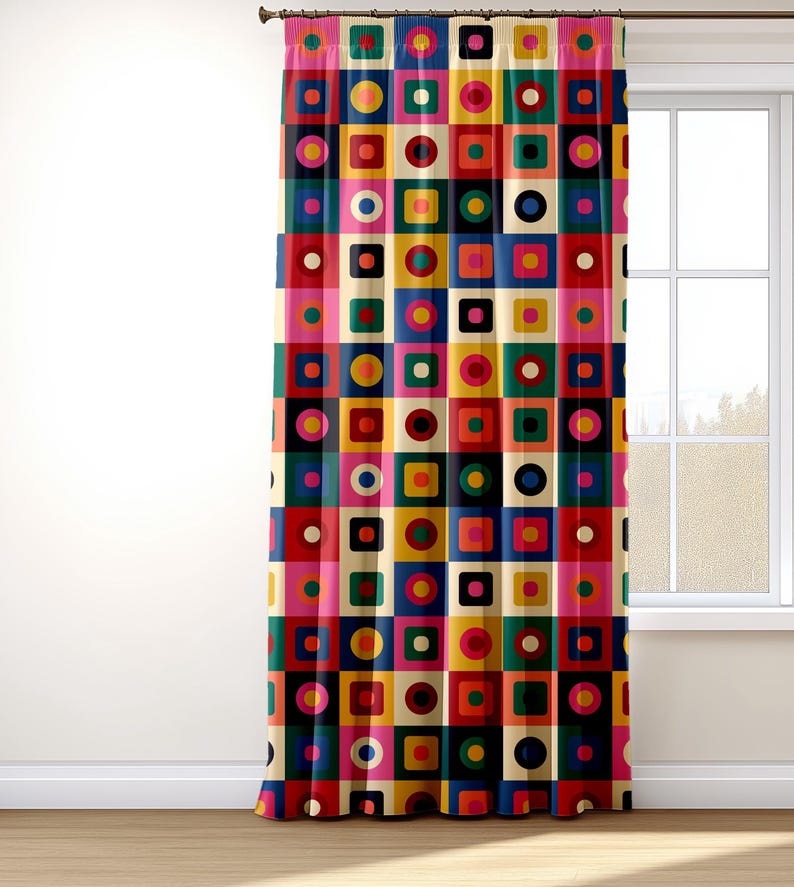 Retro Abstract Curtain Panels, Colorful 70s Window Drapes, Mid Century ...
