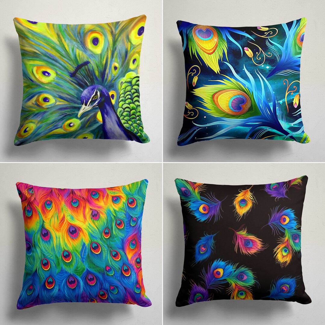 Colorful Peacock Feather Decor Pillowcase, Peacock Pillow Covers, Couch ...