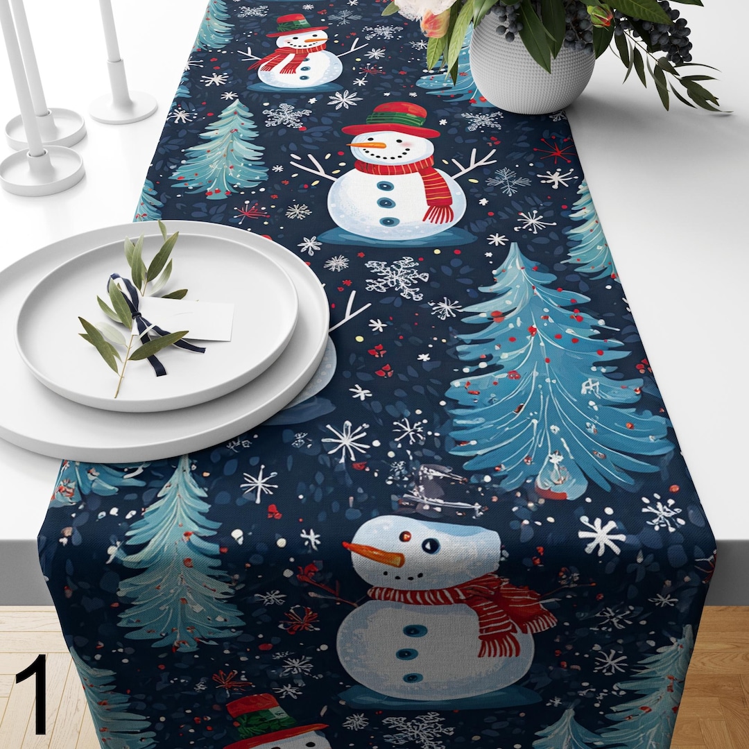 Snowman Pine Trees Table Runner, Winter Holy Runners, Snowmans Table ...