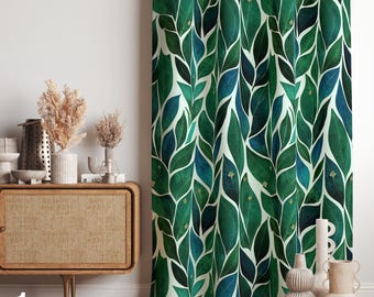 Tropical Abstract Leaf Curtains, Retro Exotic Leaves Curtain Panel, Mid ...