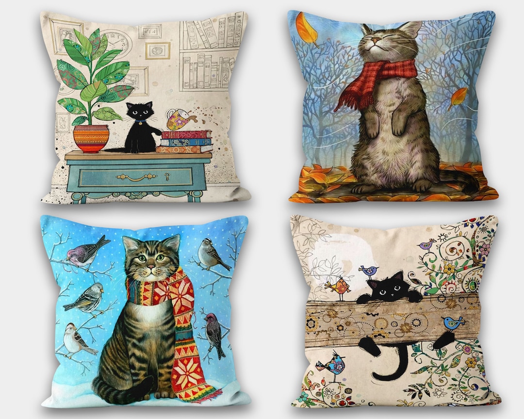 Cute Cat Pillow Covers, Cat Pattern Cushion Case, Housewarming Animals ...