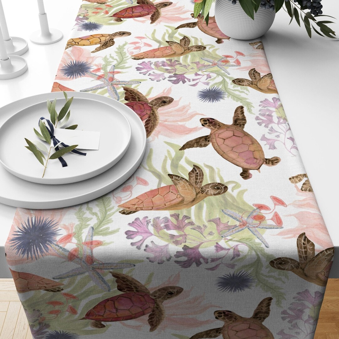 Nautical Table Runner, Sea Turtle Design Table Runners, Sea Creatures ...