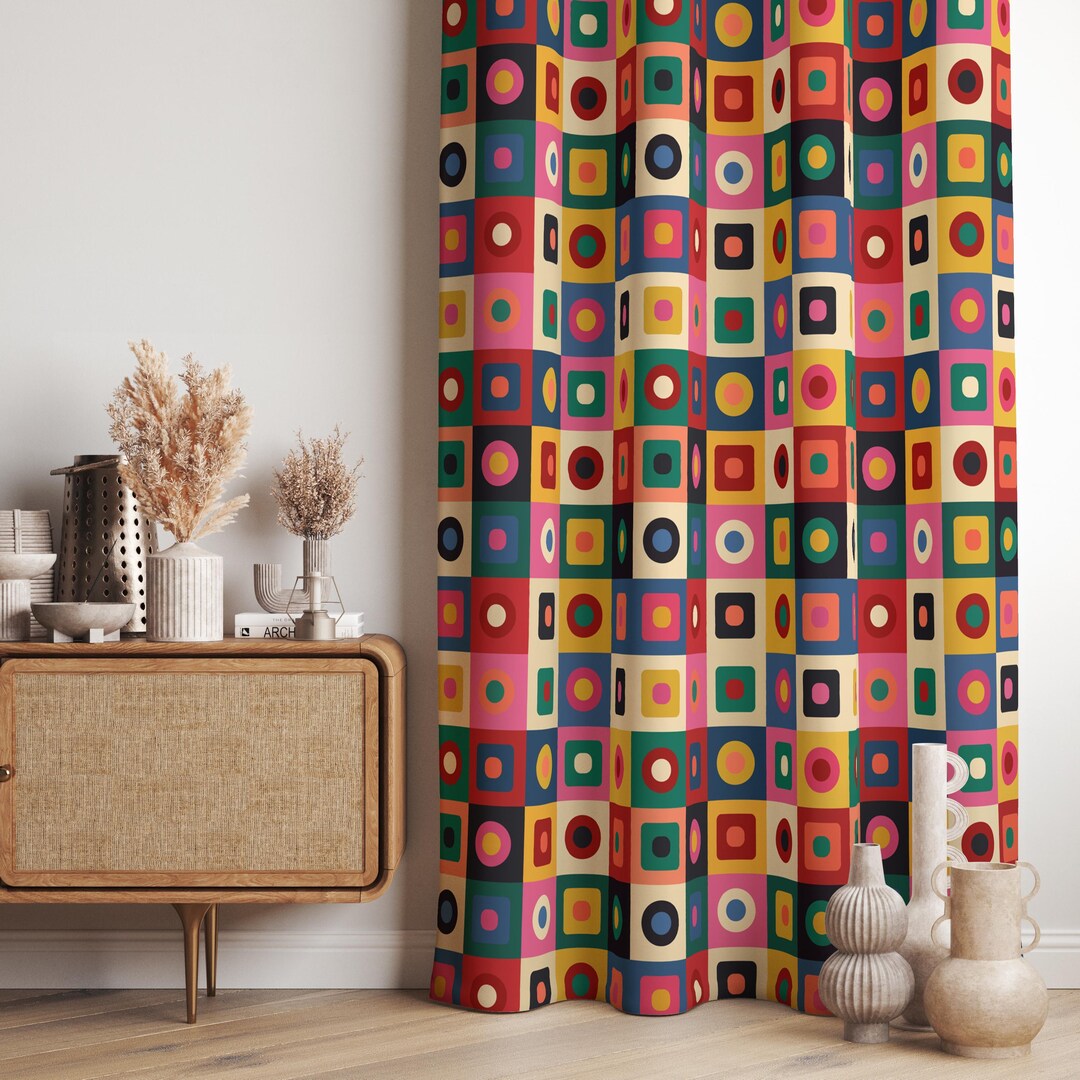 Retro Abstract Curtain Panels, Colorful 70s Window Drapes, Mid Century ...