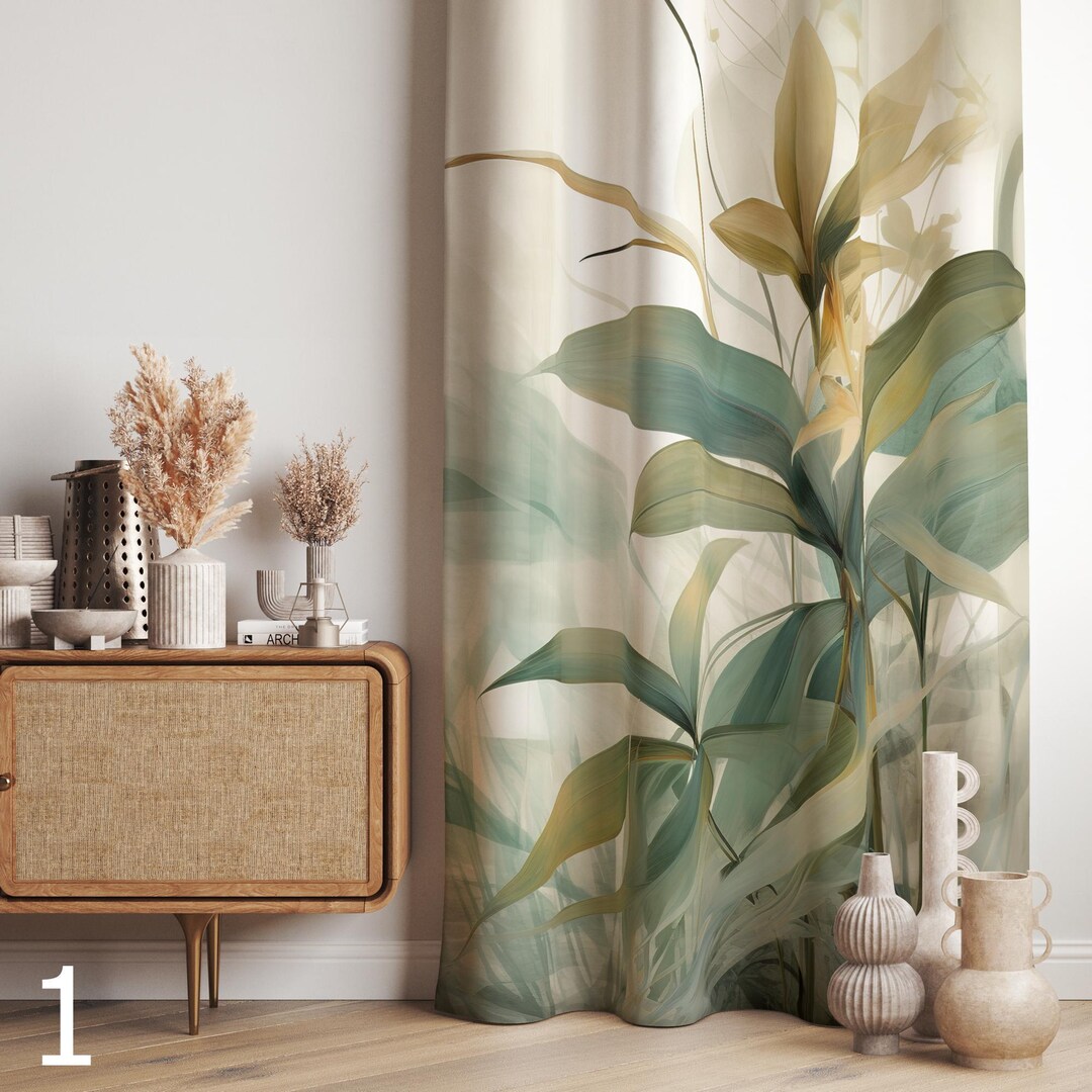 Tropical Abstract Leaf Curtains, Retro Exotic Leaves Curtain Panel, Mid ...