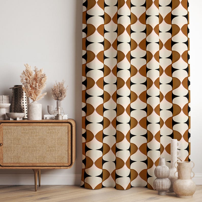 Retro Geometric Curtains, Retro Panel Curtains, Brown Pattern Curtains ...