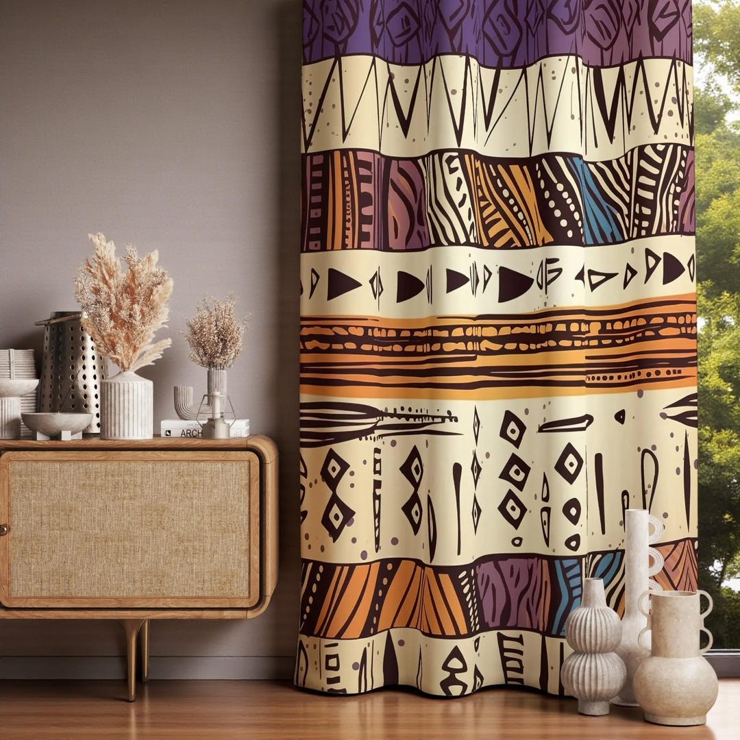 Ethnic Window Curtain Panel, Colorful African Art Tribal Grommet ...