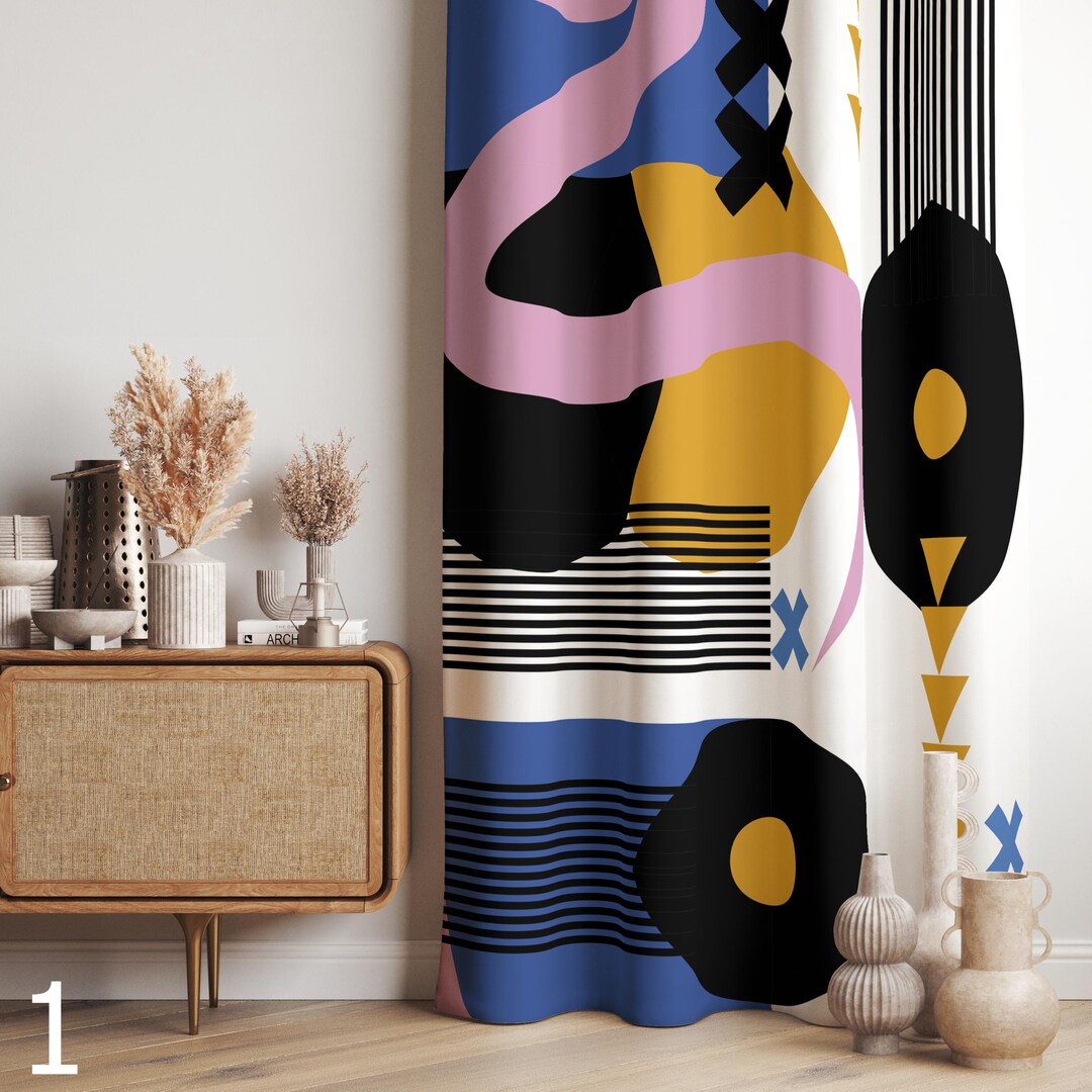 Boho Abstract Curtains, Mid-century Modern Abstract Panels, Colorful ...