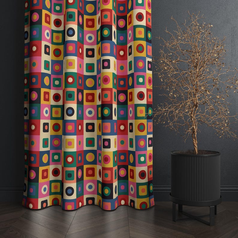 Retro Abstract Curtain Panels, Colorful 70s Window Drapes, Mid Century ...
