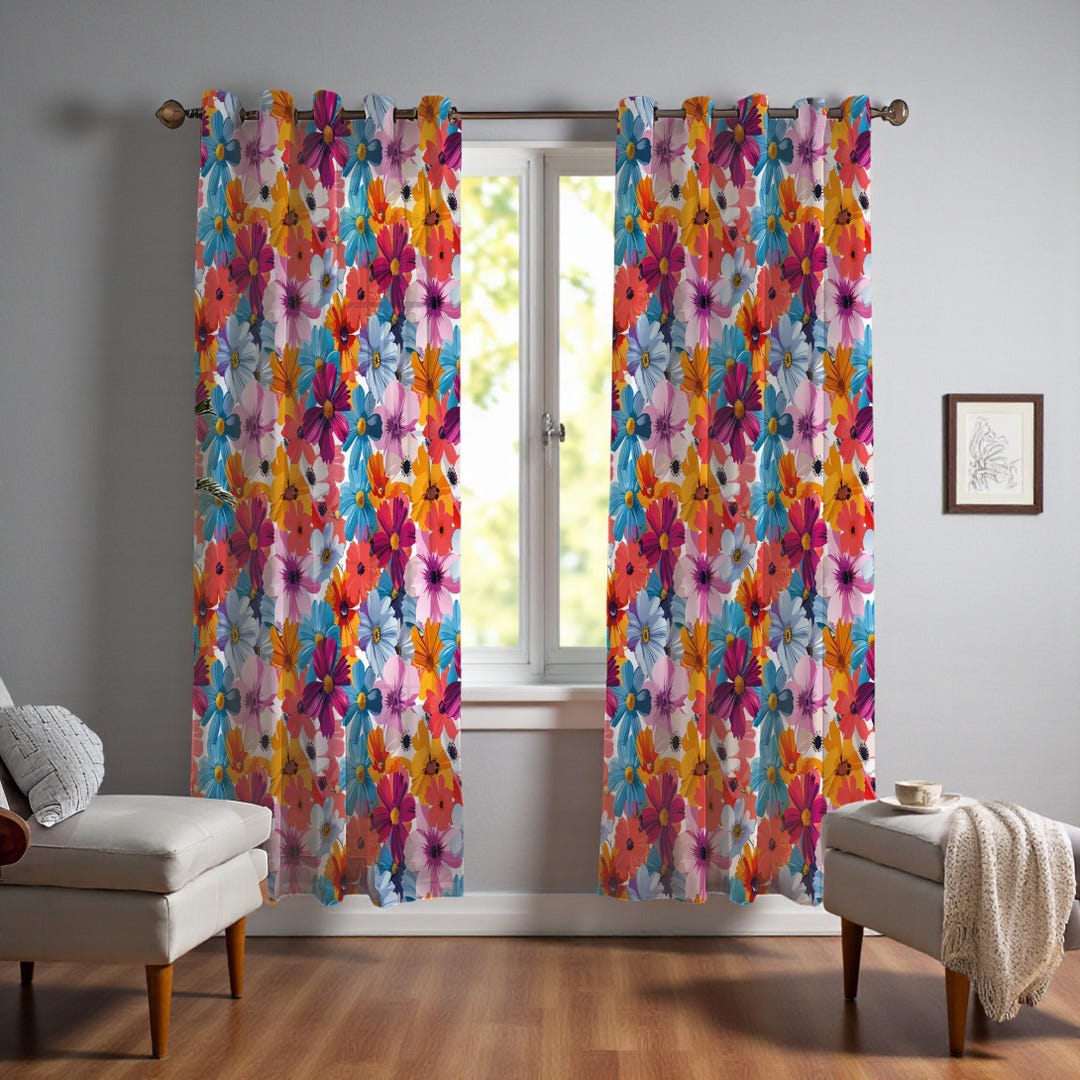 Colorful Floral Curtain Panels, Bright Flower Print Drapes, Vintage ...