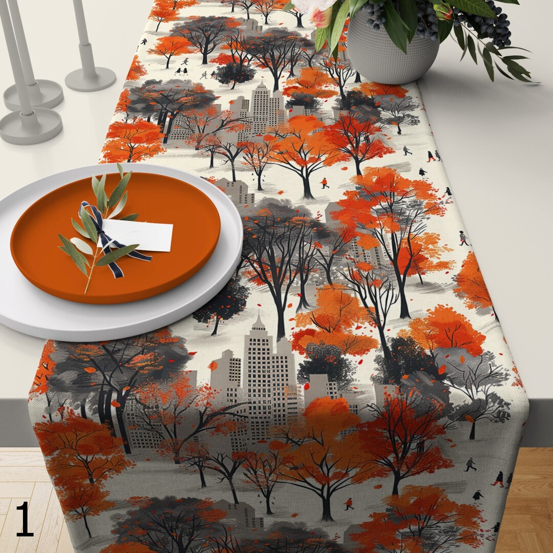 Autumn Themed Table Runners, Trees With Orange Leaves Runners, Natural ...