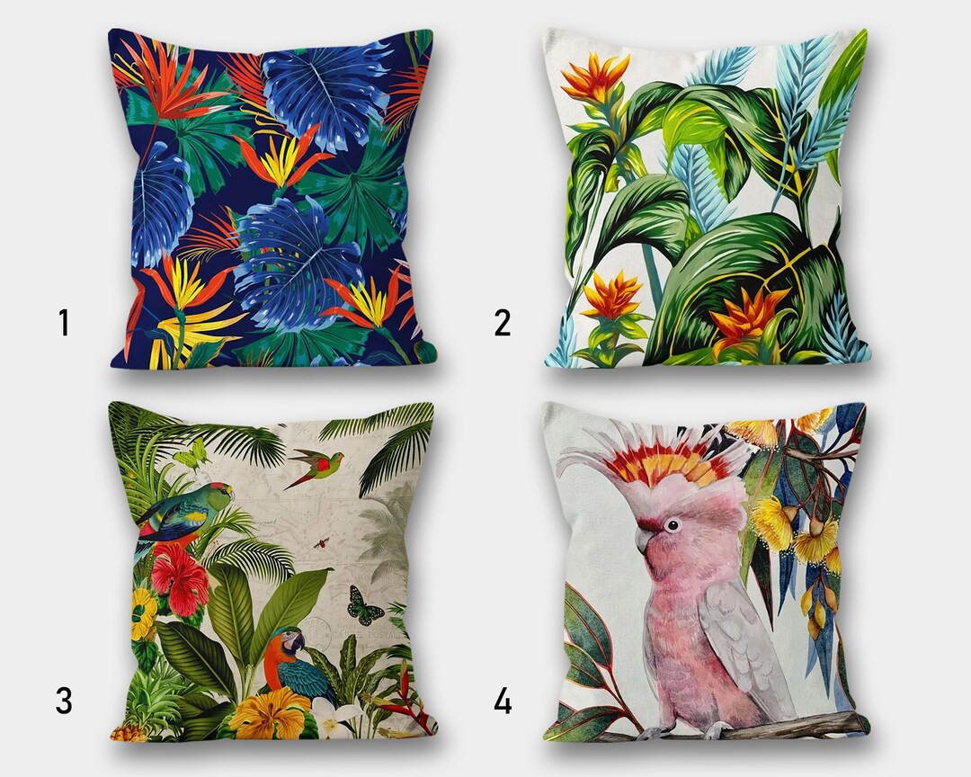 Tropical Pillow, Parrot Pillow, Green Leaf Pillow, Bird Pillow Cover ...