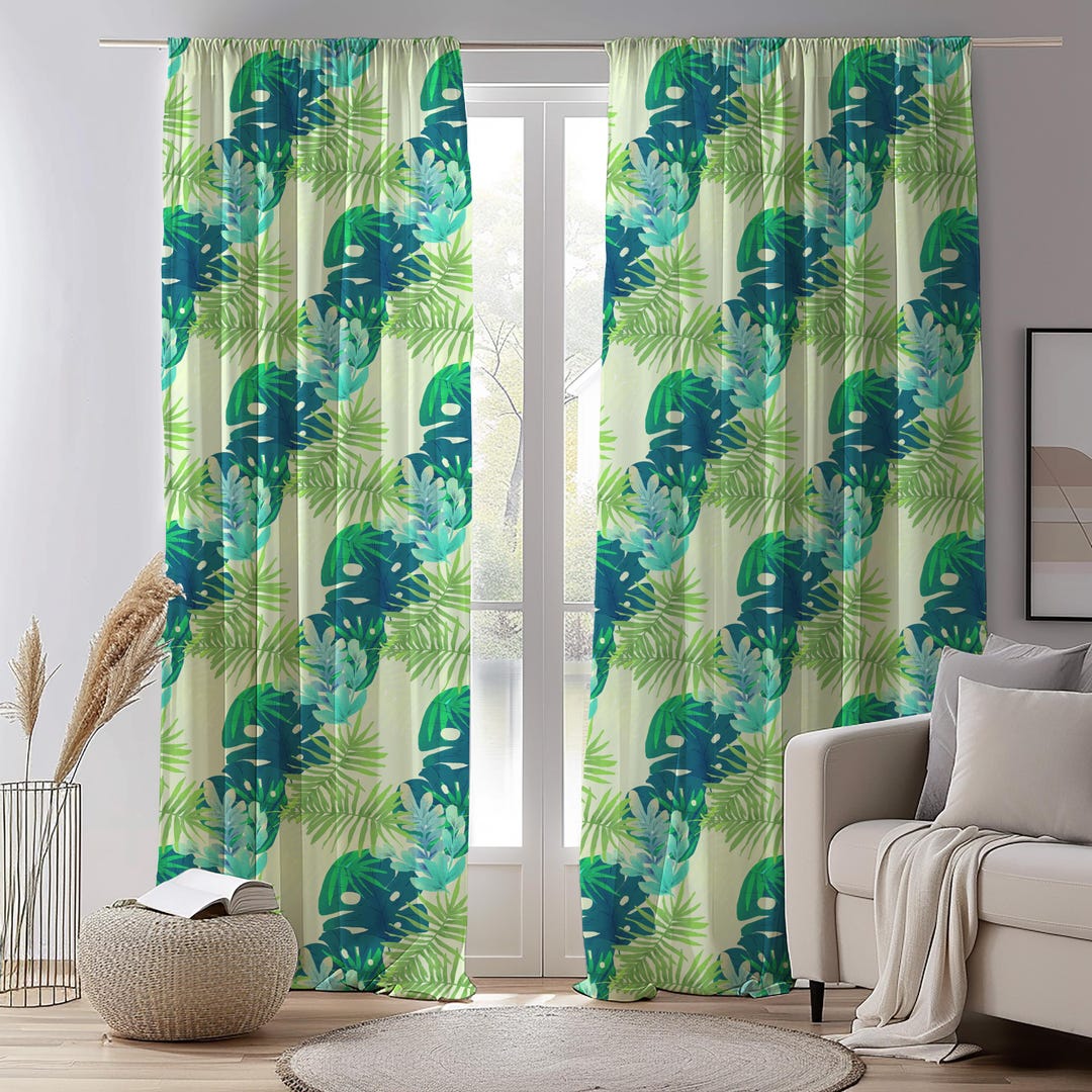 Tropical Palm Leaf Panels, Tropical Jungle Curtains, Exotic Plants Curtain Panels, Green ...