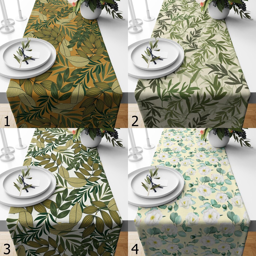 Green Leaves Table Runner, Floral Pattern Table Runners, Hand Drawing ...