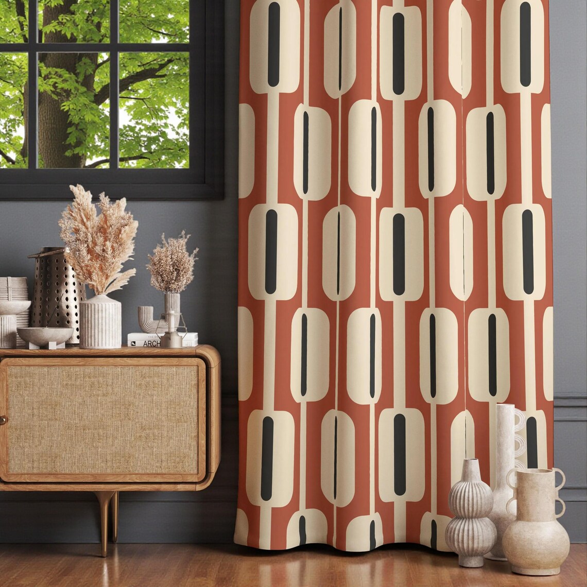 Modern Art Deco Drapes, Retro Geometric Curtains, Mid Century Curtain ...