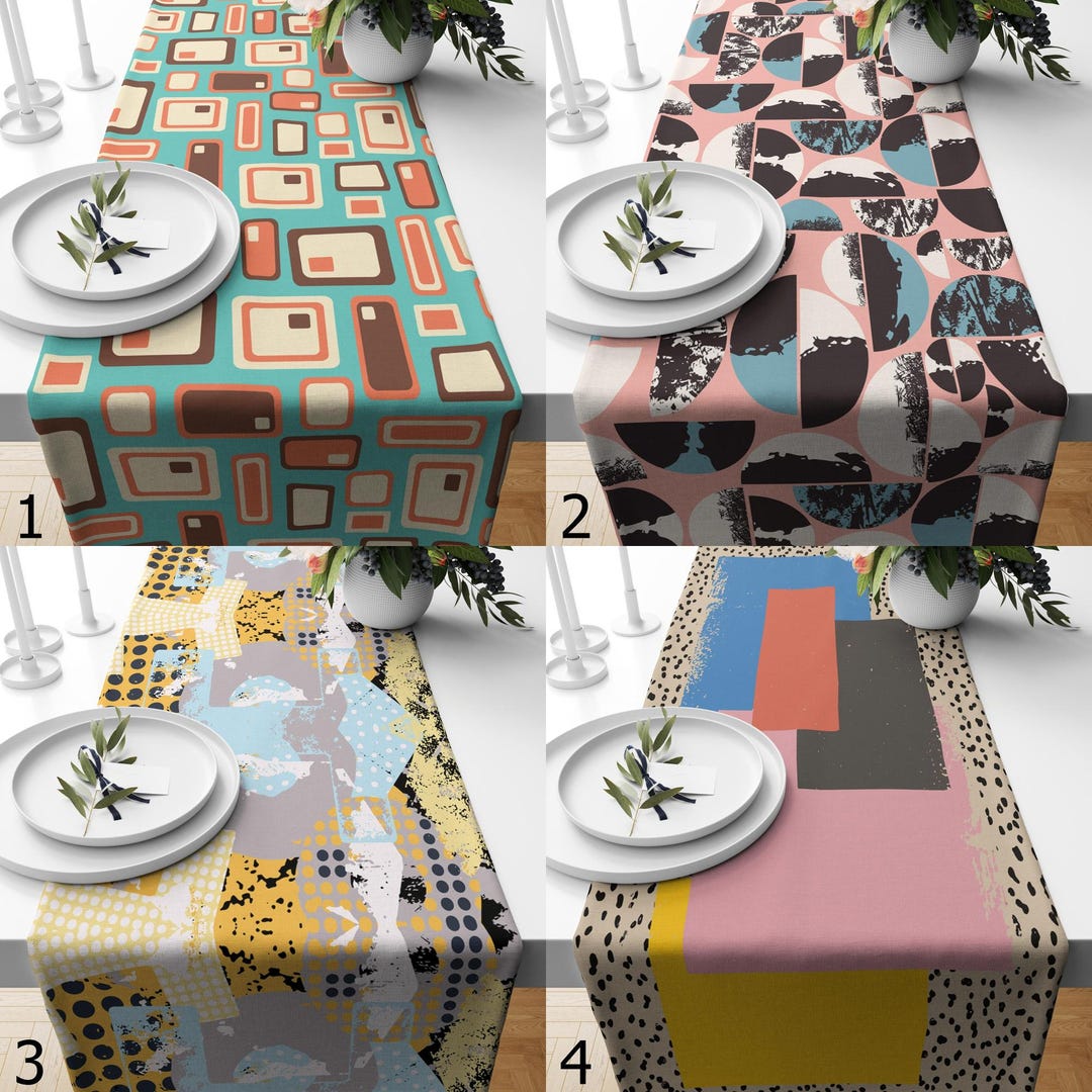 Mid-century Modern Bauhaus Table Runners, 70s Retro Table Runners, Retro Geometric Abstract ...