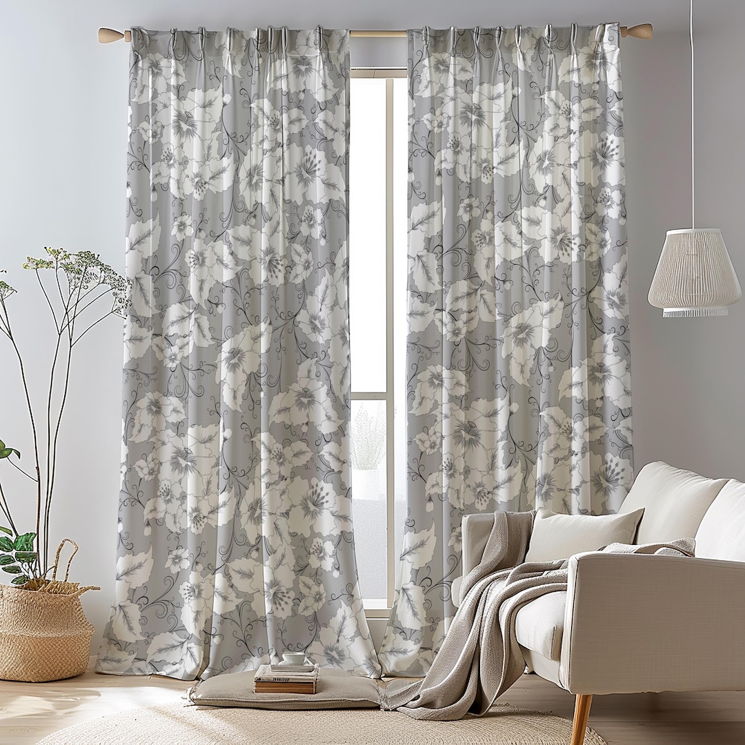 Floral Curtain Panels, Flower Print Curtains, Gray Modern Floral ...