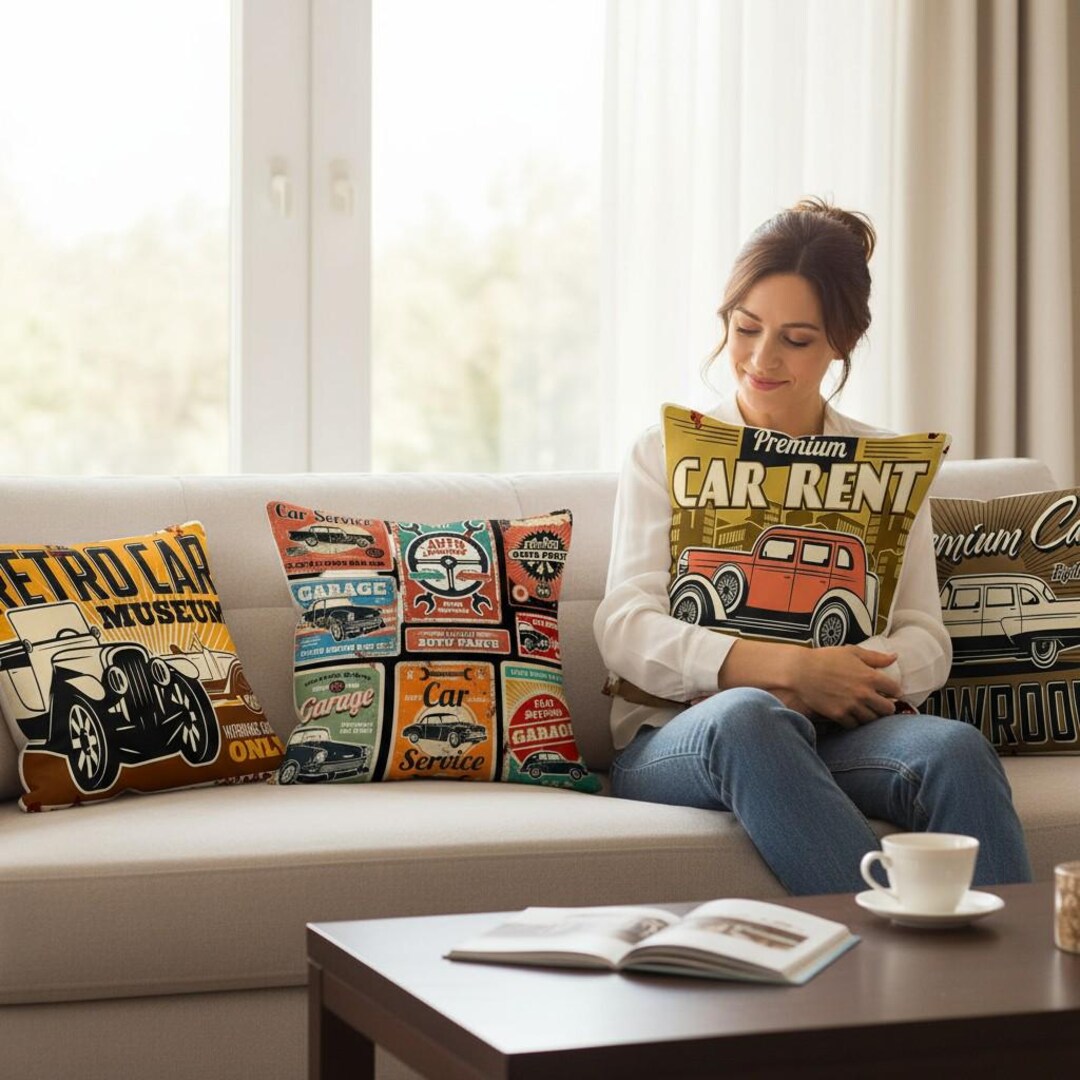 Vintage Car Filling Station VC1 Cushion Pillow Cover , Old Automobile ...