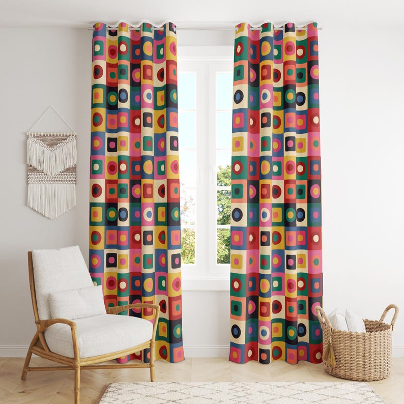 Retro Abstract Curtain Panels, Colorful 70s Window Drapes, Mid Century ...