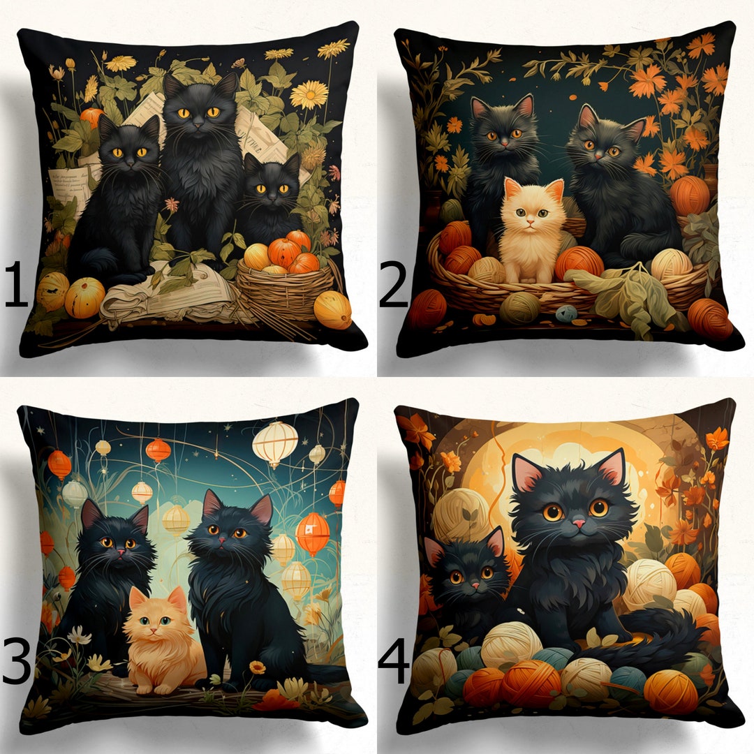 Black Cats Pillow Covers, Halloween Decor Cat Throw Pillow Cover, Cat ...