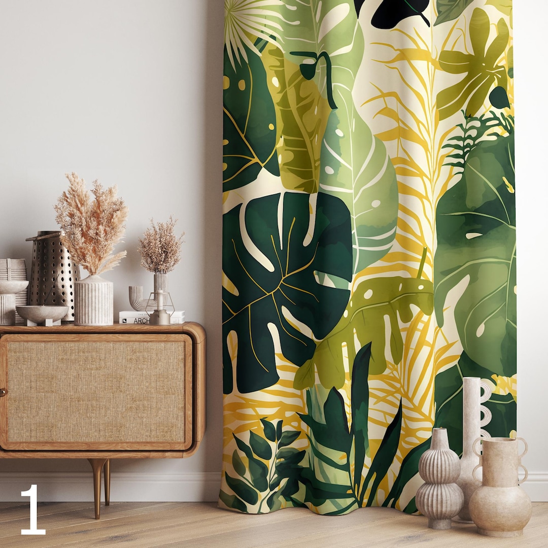 Tropical Curtains, Green Tropical Leaves Printed Drapes, Botanical ...