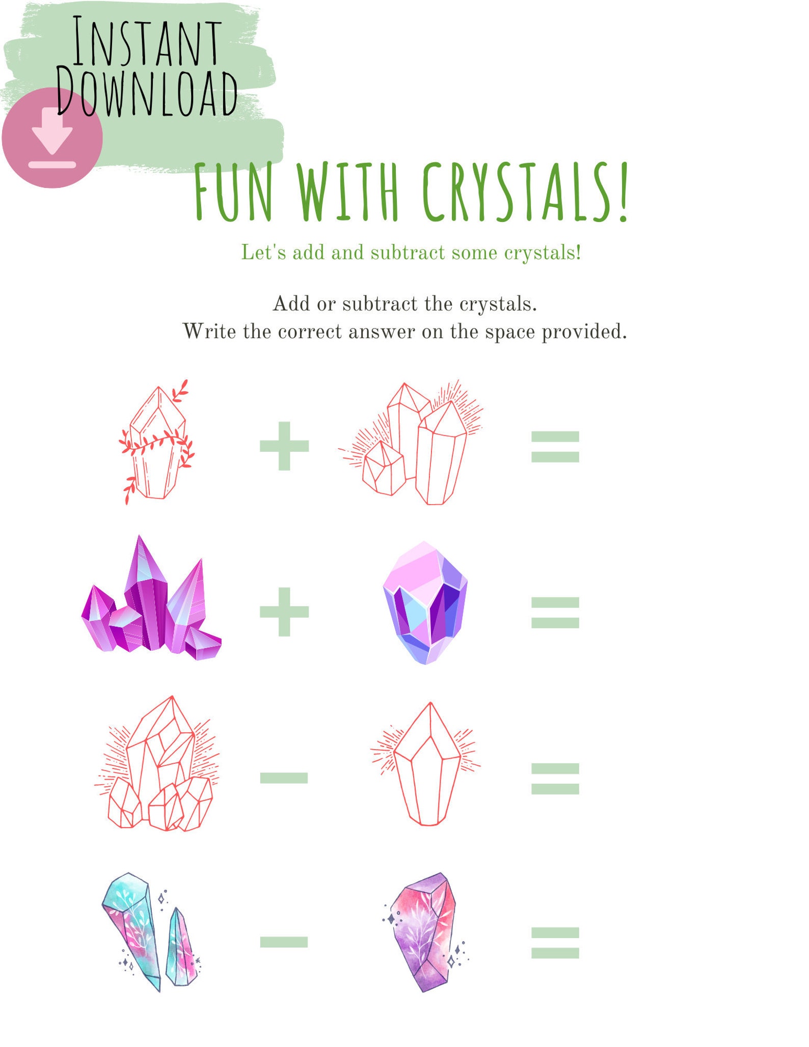 Printable Math Worksheet Add & Subtract Crystals | Etsy