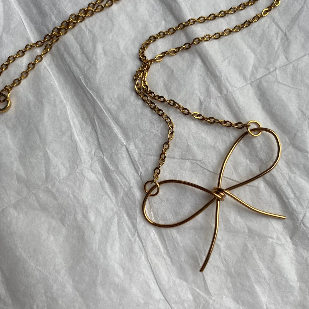 Wire Bow Necklace, Wire Wrapped Pendant, Gold Bow, Handmade Gifts for ...