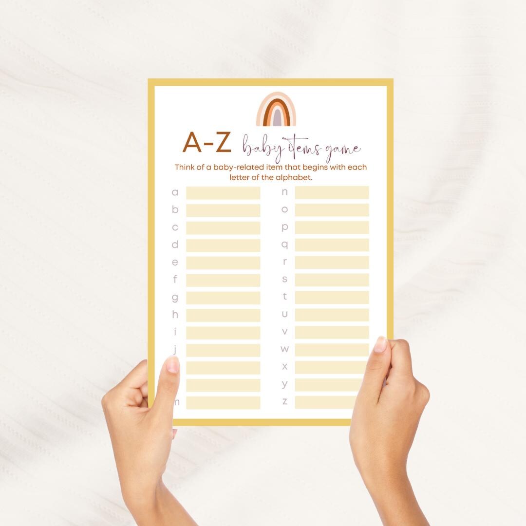 A-Z Baby Items Game | Printable Baby Shower Game | Rainbow Baby Theme ...