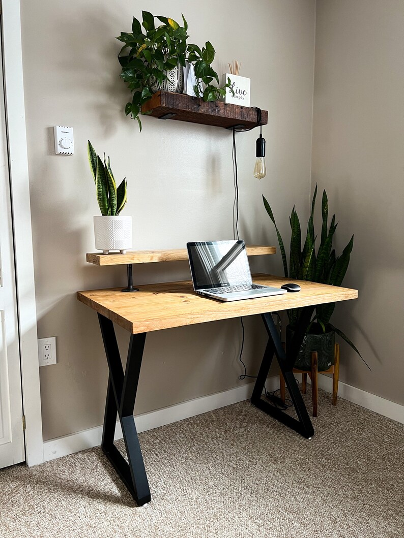 Wood Desk Heavy Duty Table With Monitor Riser Reclaimed Wood - Etsy
