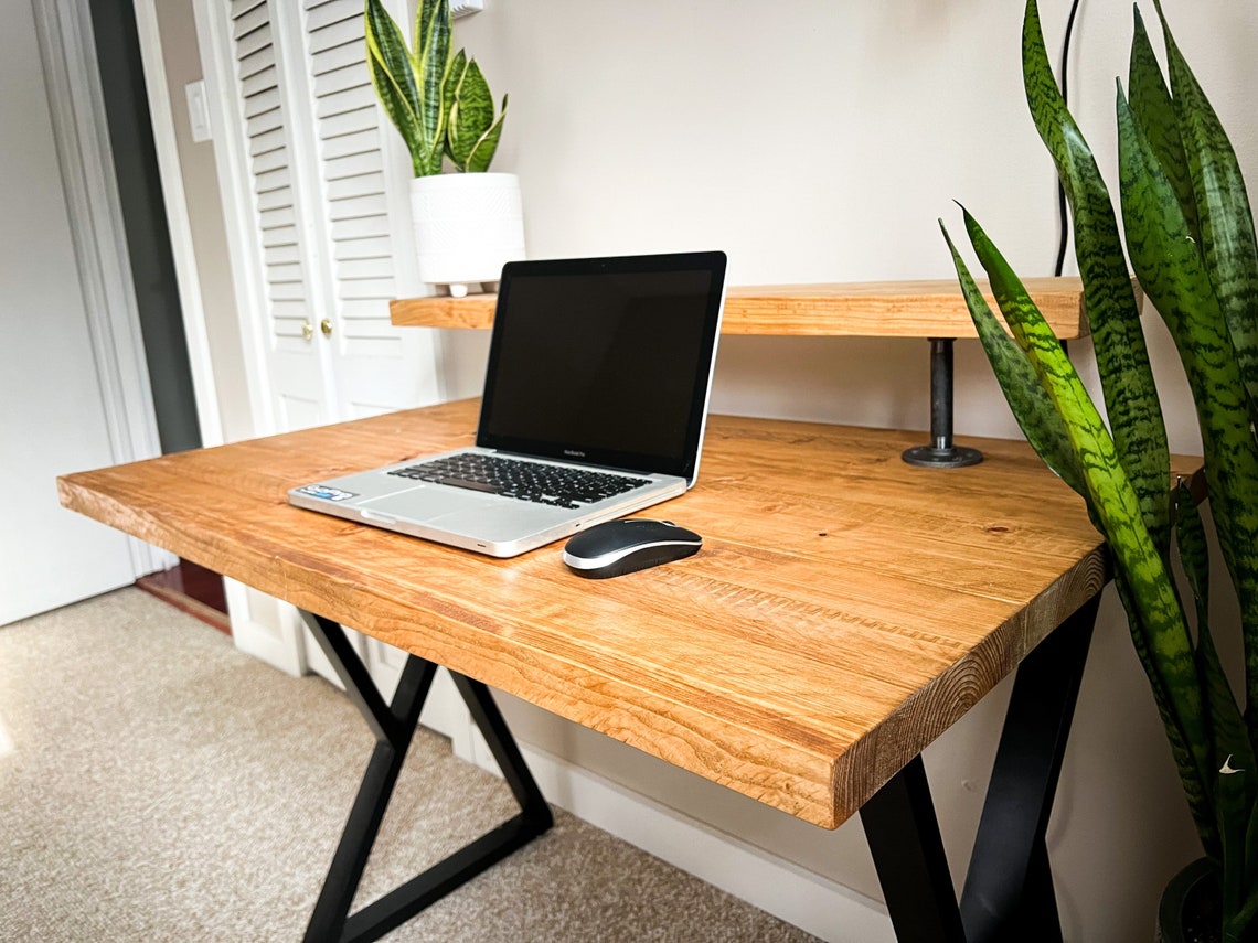 Wood Desk Heavy Duty Table With Monitor Riser Reclaimed Wood - Etsy