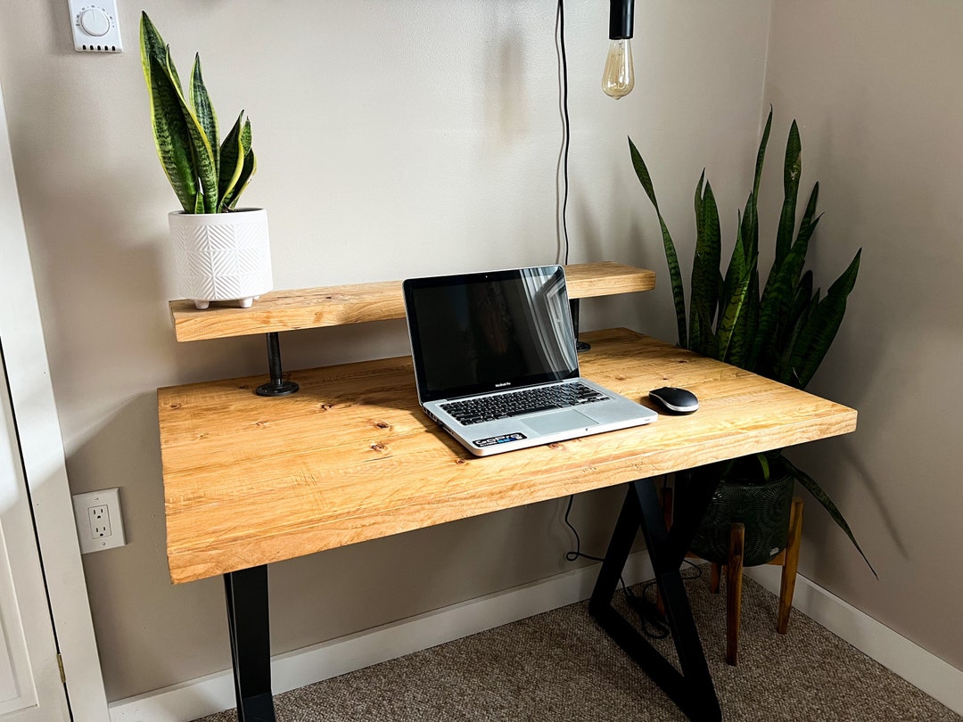 Wood Desk Heavy Duty Table With Monitor Riser | Reclaimed Wood ...