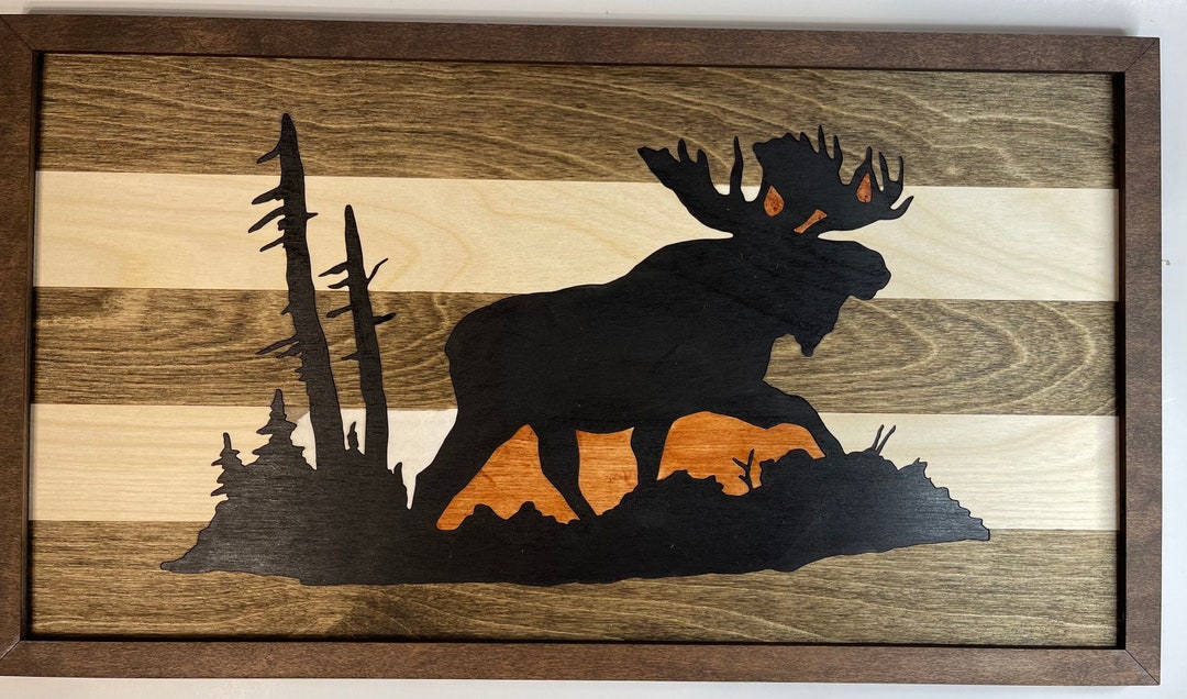 Wooden Moose Wall Décor, Wooden Moose and Mountain, Rustic Moose and ...