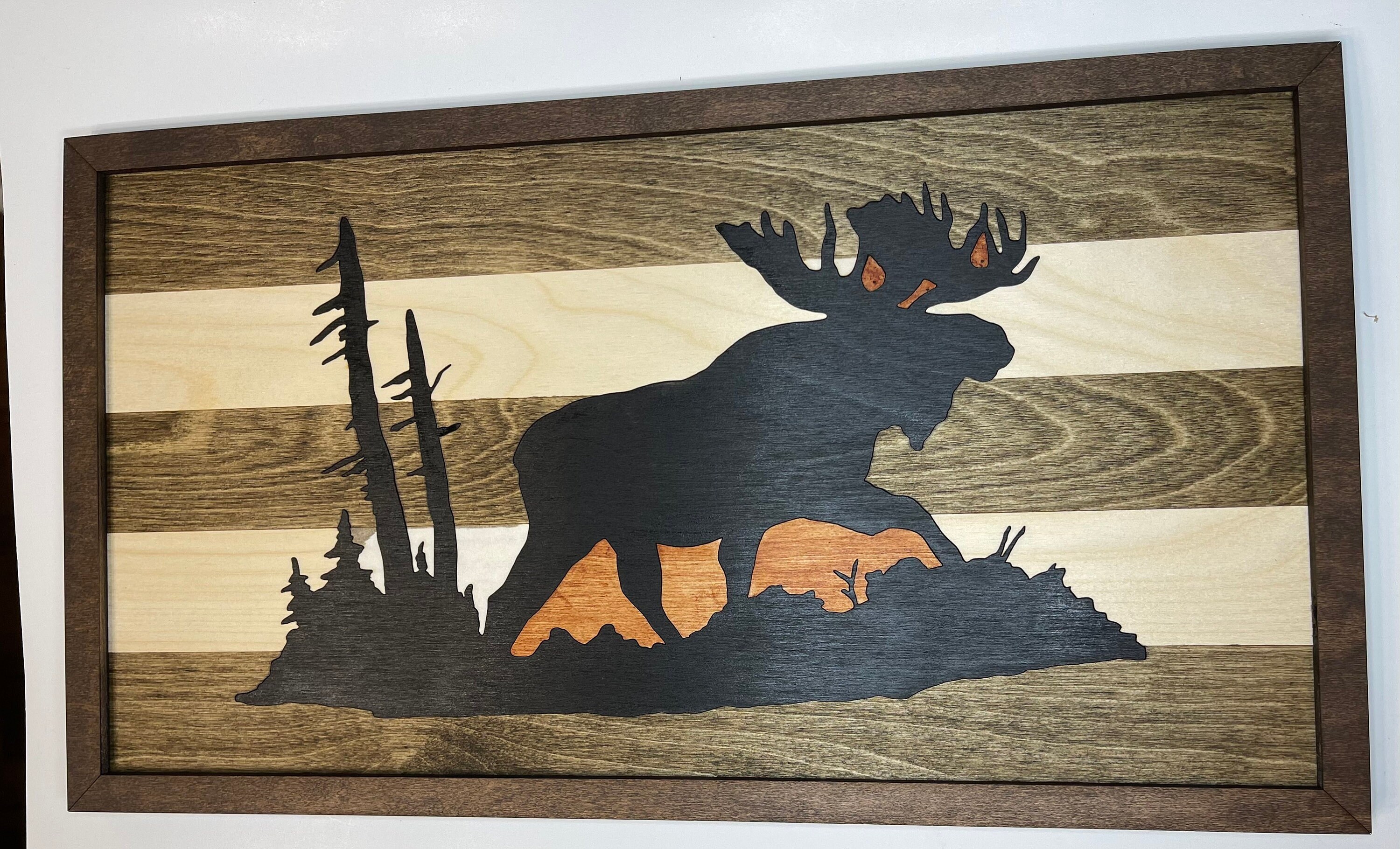 Wooden Moose Wall Décor, Wooden Moose and Mountain, Rustic Moose and ...