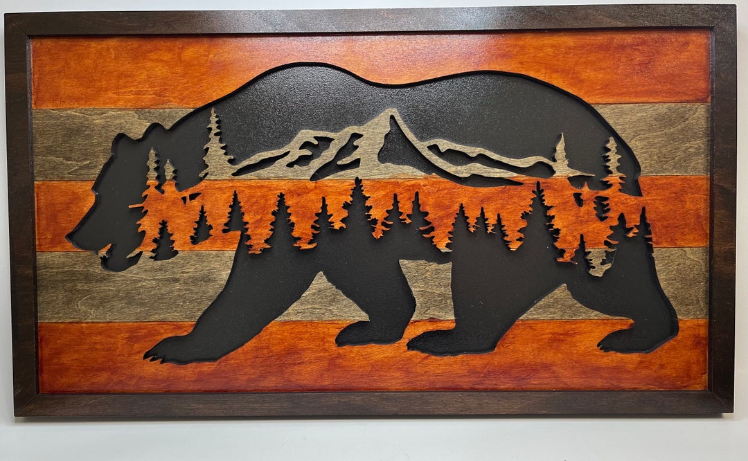 Bear, Wooden Mountain Bear Wall Décor, Wooden Bear and Mountain, Rustic ...