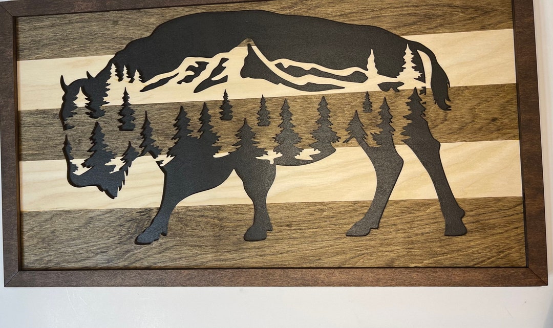 Wooden Buffalo Wall Décor, Wooden Buffalo and Mountain, Rustic Buffalo ...