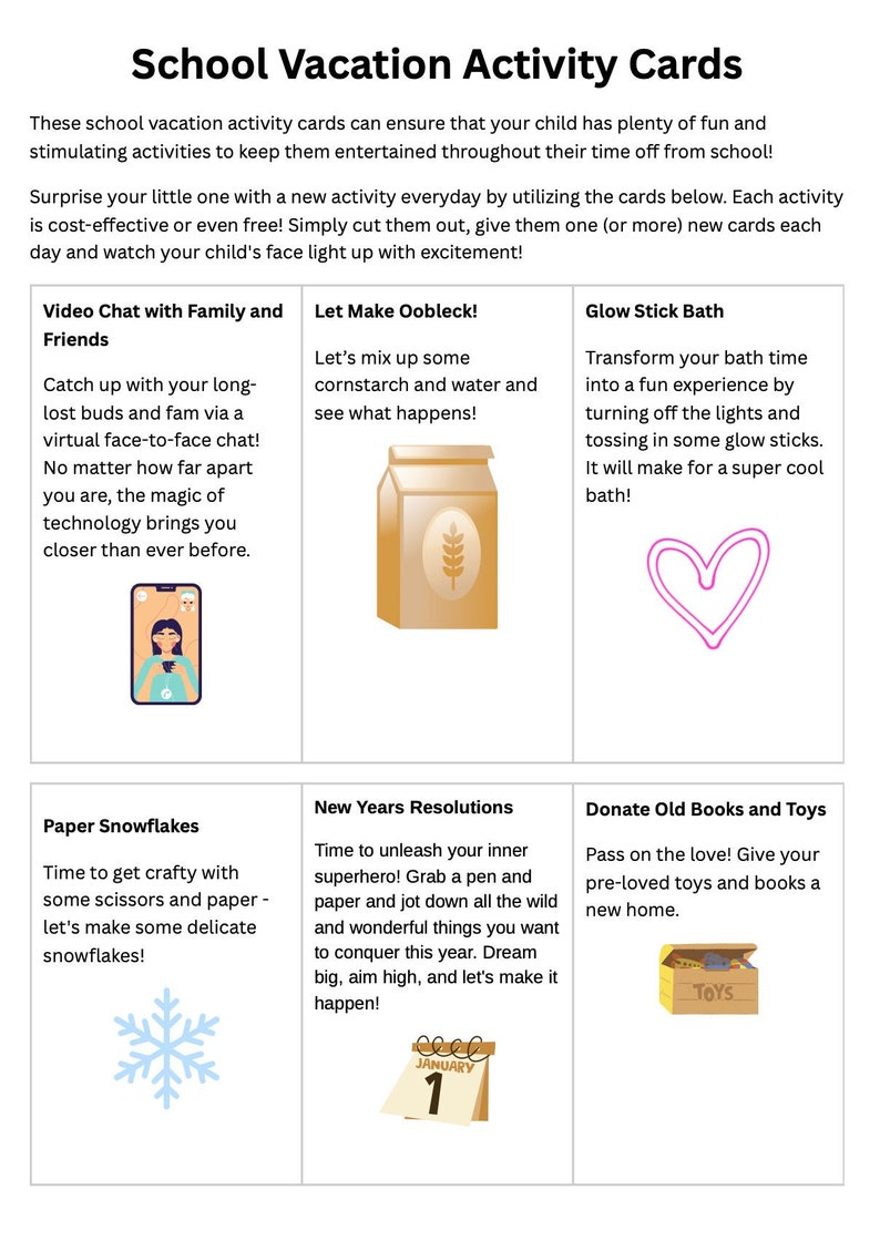School Vacation Activity Cards - Etsy