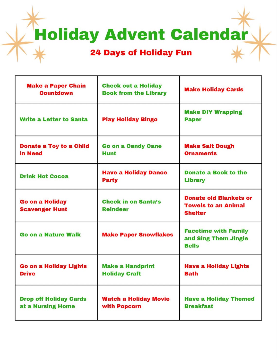 Holiday Advent Activity Calendar Printable With Fun Activities - Etsy