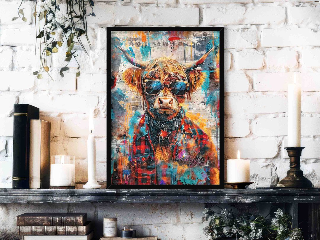 Highland Cow Rockstar Art Print: Quirky Punk Animal Poster - Etsy