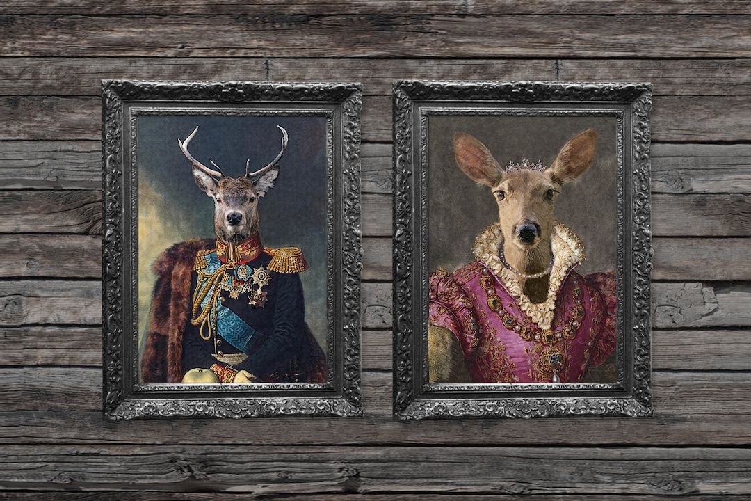 Stag & Deer Wall Art Set Vintage Painting Style Woodland Animal ...
