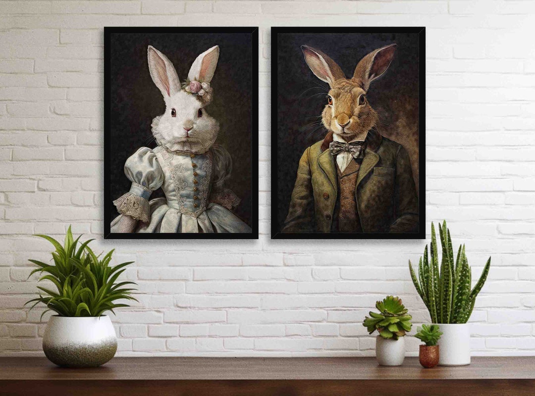 Hare & White Rabbit Wall Art Set - Vintage Painting Style Bunny Couple ...