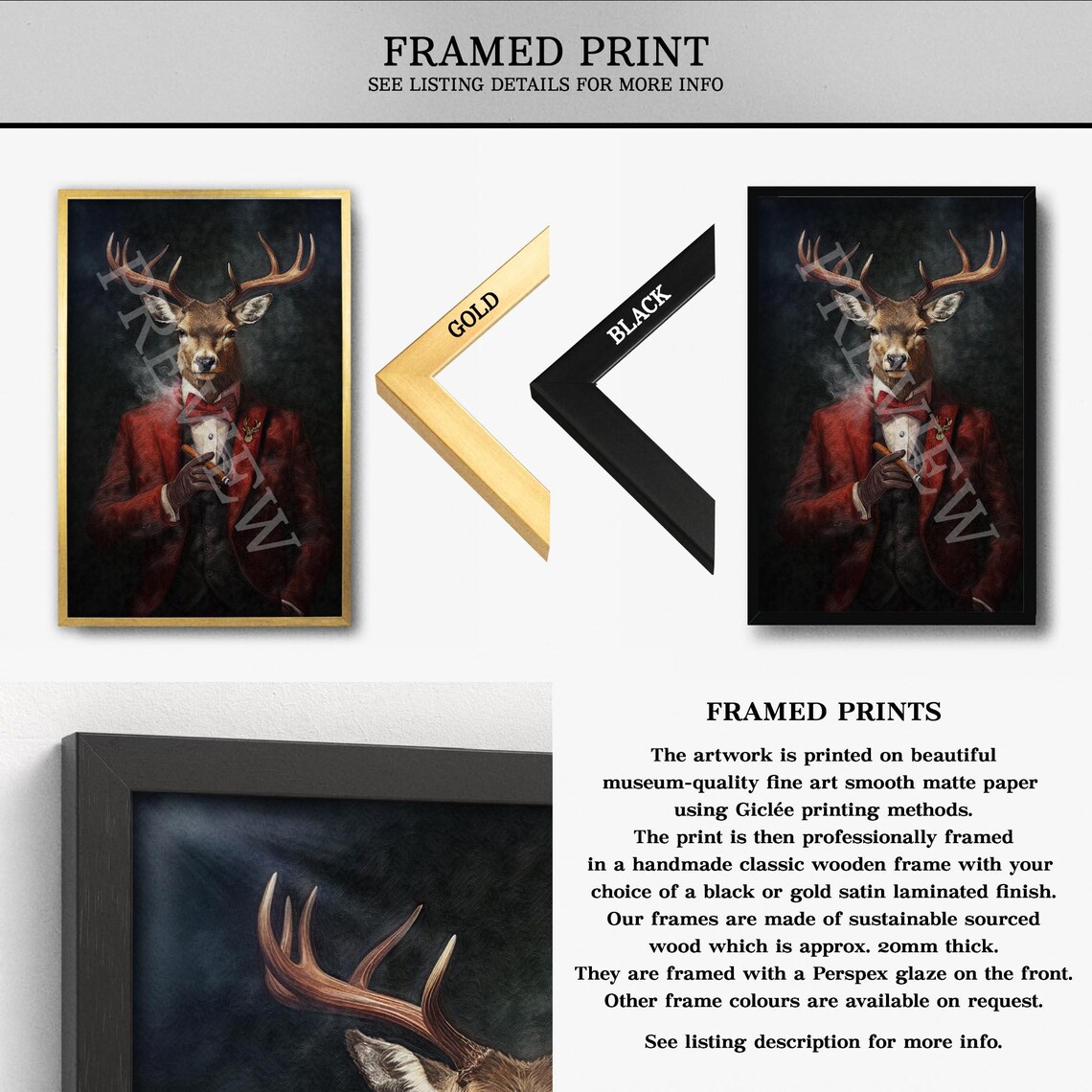 Stag With Cigar Wall Art Print // Vintage Painting Style Portrait of ...