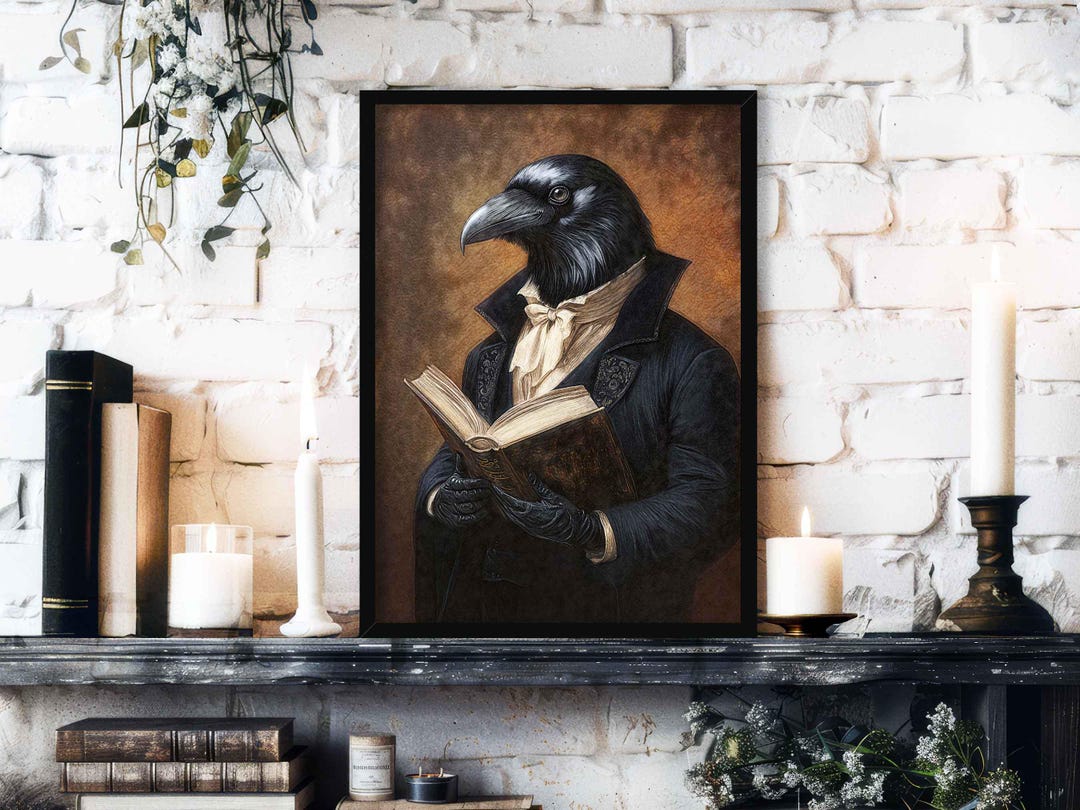 Raven Reading Book Wall Art Print | Vintage Style Bookish Crow Home ...