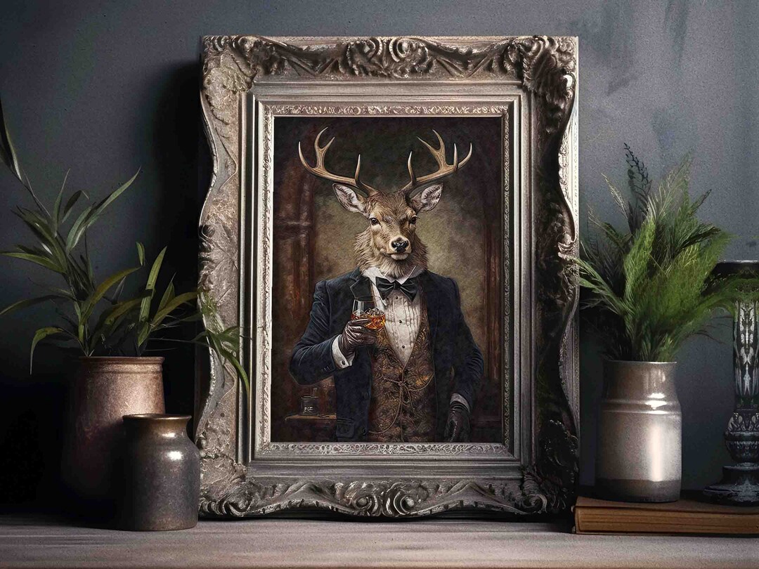 Stag Drinking Whisky Wall Art Print // Vintage Painting Style Portrait ...