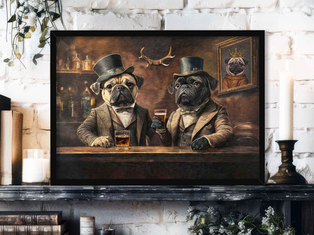 Pugs in Pub Wall Art Print: Vintage Painting Style Portrait of Two Pug ...