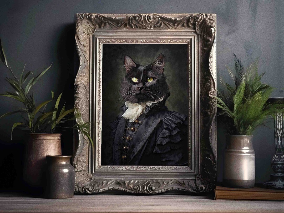 Black Victorian Cat Art Print // Vintage Painting Style Portrait of Black Kitty in Gothic Lace ...