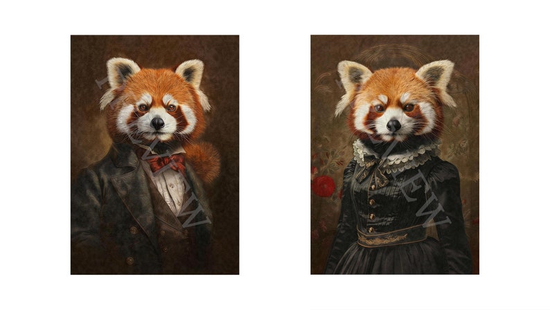 Red Panda Wall Art Set - Vintage Painting Style Portraits of Man & Lady ...