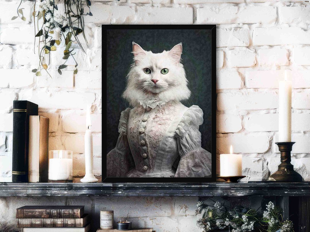 White Cat Lady Art Print // Vintage Painting Style Portrait of Fluffy ...