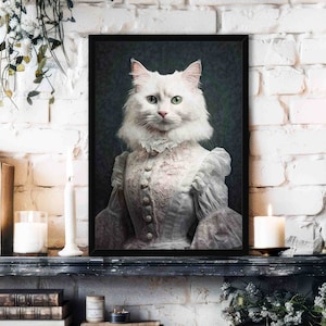 White Cat Lady Art Print // Vintage Painting Style Portrait of Fluffy ...