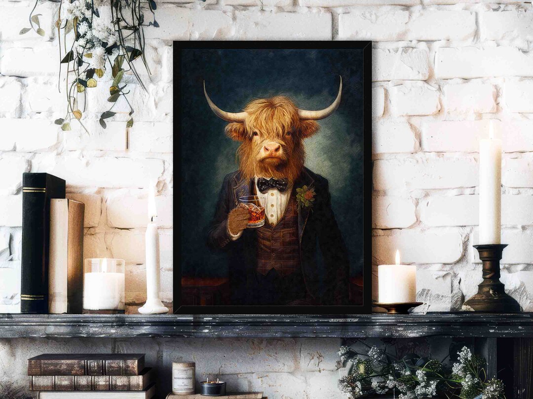 Highland Cow Drinking Whisky Wall Art Print // Vintage Painting Style ...