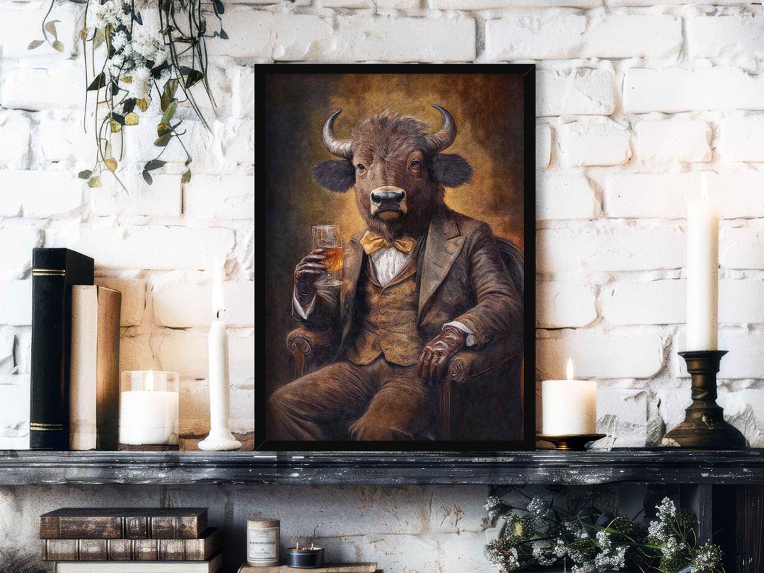 Bison Drinking Bourbon Wall Art Print // Vintage Painting Style ...