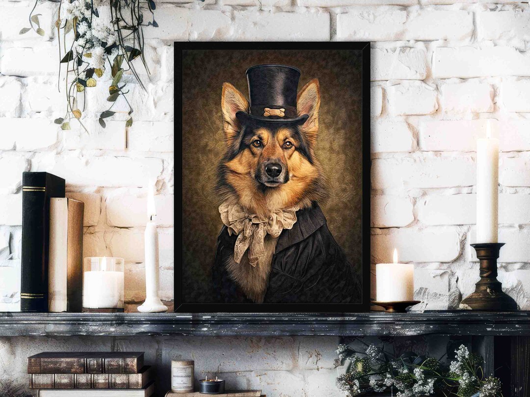 German Shepherd Wall Art Print // Black & Tan Alsatian Dog Wearing ...